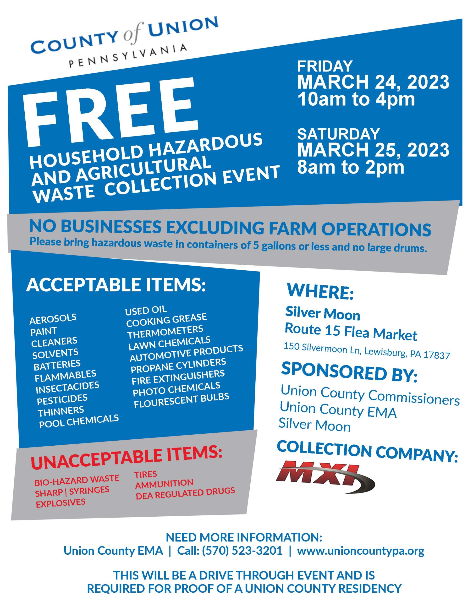 Household Hazard Waste Event…Coming Soon – Union County, Pennsylvania